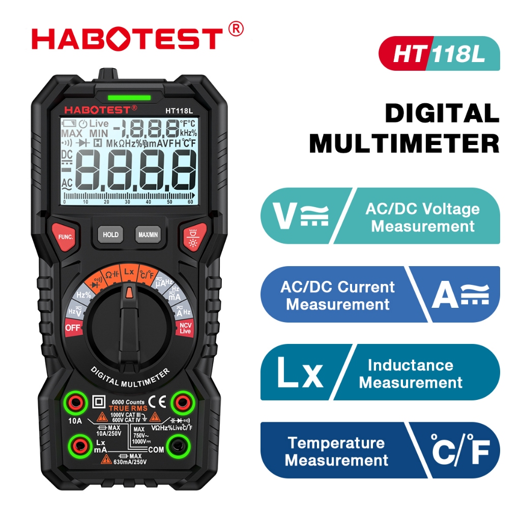 HABOTEST HT118L Digital Multimeter 1000V AC/DC 6000 Counts NCV High ...