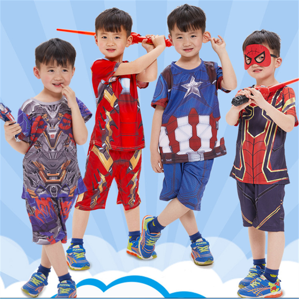 Boys Superhero Costume Short Sleeved Summer Clothes Captain Iron Man ...