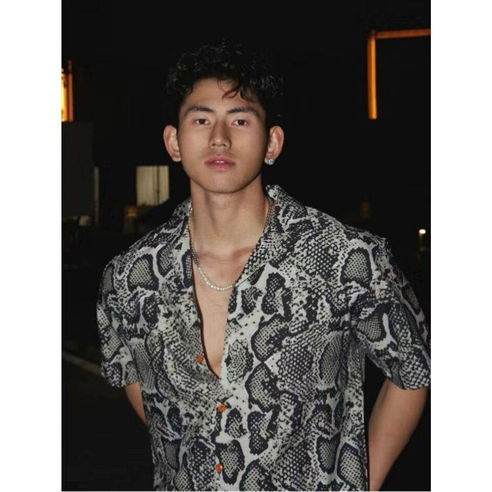 Python Stripe Print Shirt Men Plus Size Korean Floral Top Couple Casual ...