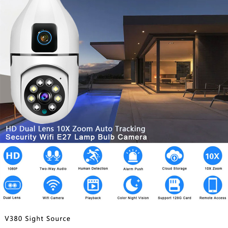 V380 Pro Dual Lens Dual Screen Bulb CCTV WIFI Camera 1080P HD 360 ...