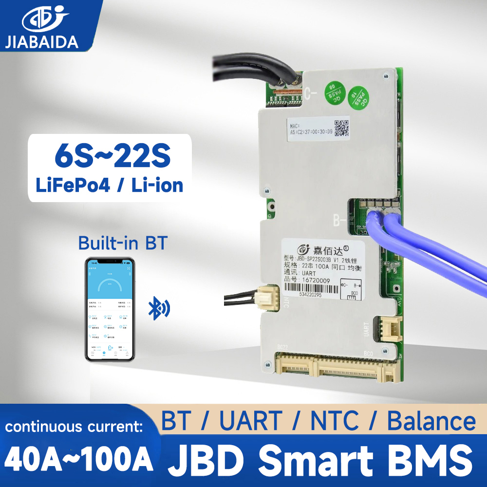 JIABAIDA BMS Smart BT 6S-22S 8S 24V LiFePo4 Li-ion Battery 40A-100A 10S ...