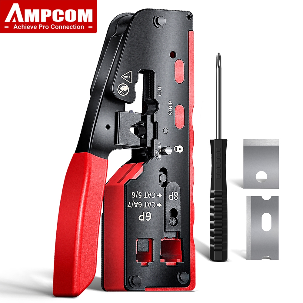 AMPCOM Cat 7 Network Crimping Tool CRIMP/CUT/TRIM/STRIP 4-IN-1 Works ...