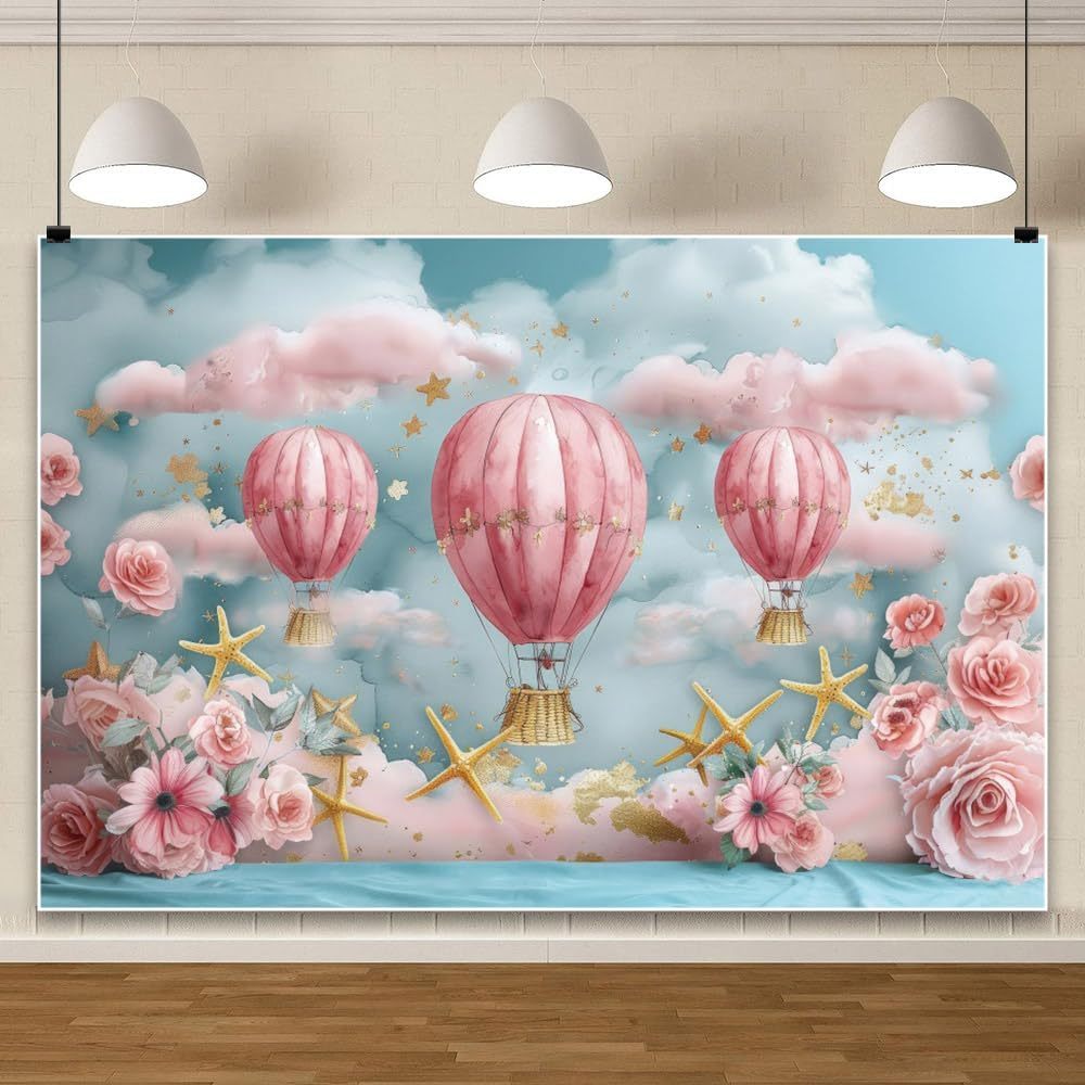 7x5ft Pink Florals Hot Air Balloon Backdrop Cotton Candy Clouds Pink ...