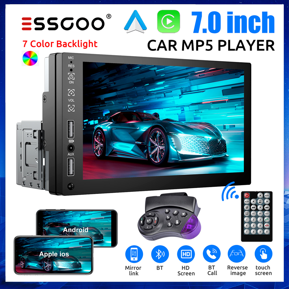 ESSGOO 7 Inch Universal 1 Din 2din car mp5 player CarPlay&Android Auto Car Stereo With Bluetooth ...