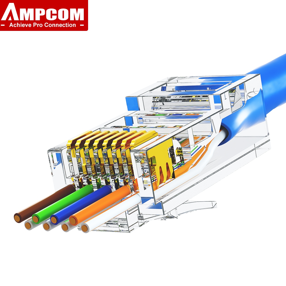 AMPCOM CAT6 RJ45 Connector Plug Pass-Through UTP Modular Plug 3μ Gold ...