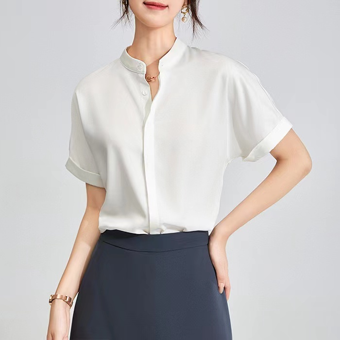 Women Solid Color Blouse Formal Short Sleeve Loose Chiffon Shirt ...