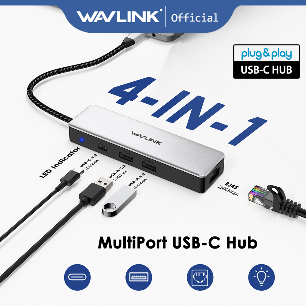 WAVLINK 4-in-1 USB-C Ethernet Hub, USB 3.2 Gen2 Hub with 1*10Gbps USB-C ...