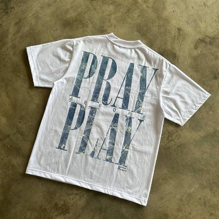 "PRAY PLAY" pattern trendy cotton round neck T-shirt Unisex Styles ...