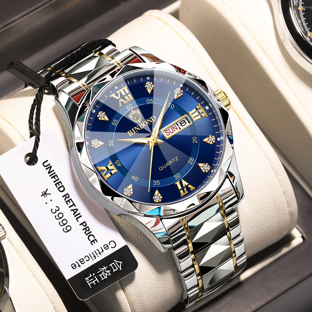 BINBOND Gold Watch For Men Waterproof Original Relo Calendar Luminous ...
