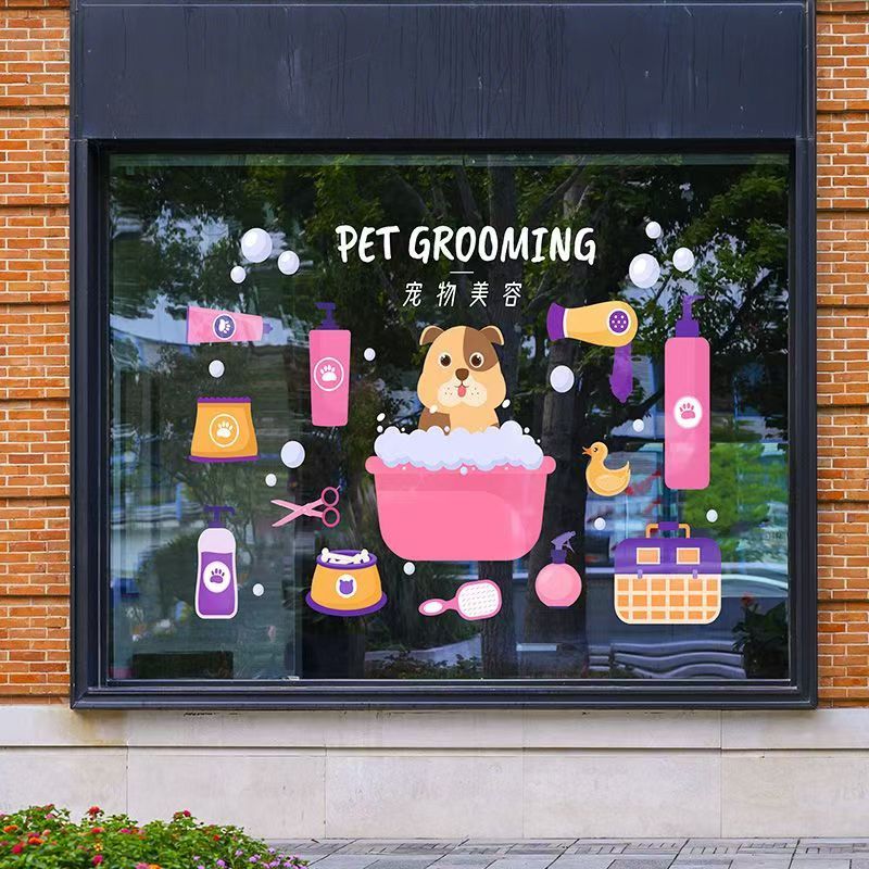 Cute Cartoon Puppy Stickers Pet Shop Pet Grooming Salon Glass Window ...