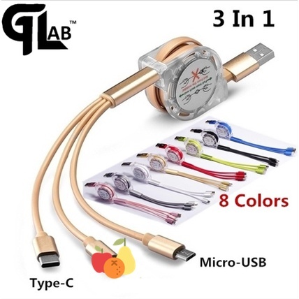 3 In 1 Retractable Micro USB Charge Cable Multi USB Charger Cable USB C ...