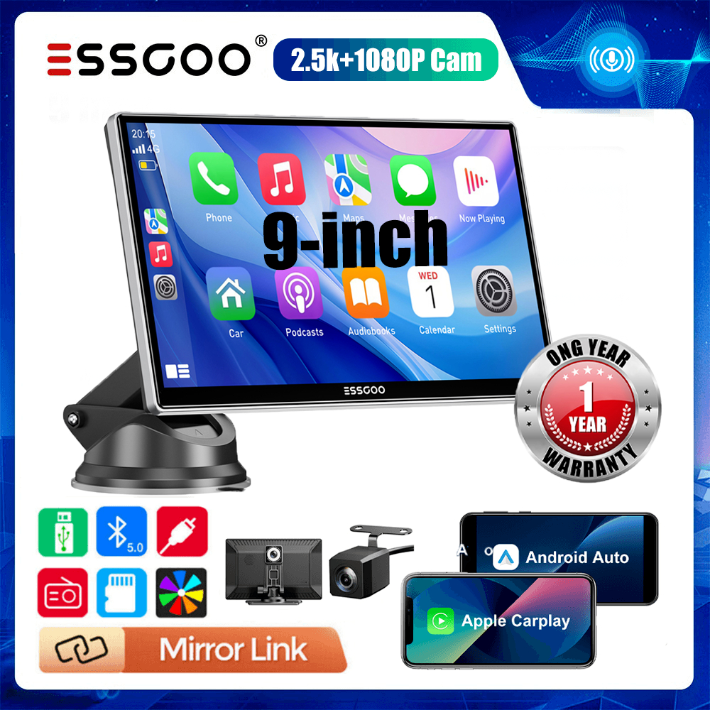 ESSGOO 12V 24V 2.5K + 1080P 9" Portable Wireless Carplay Radio Car ...