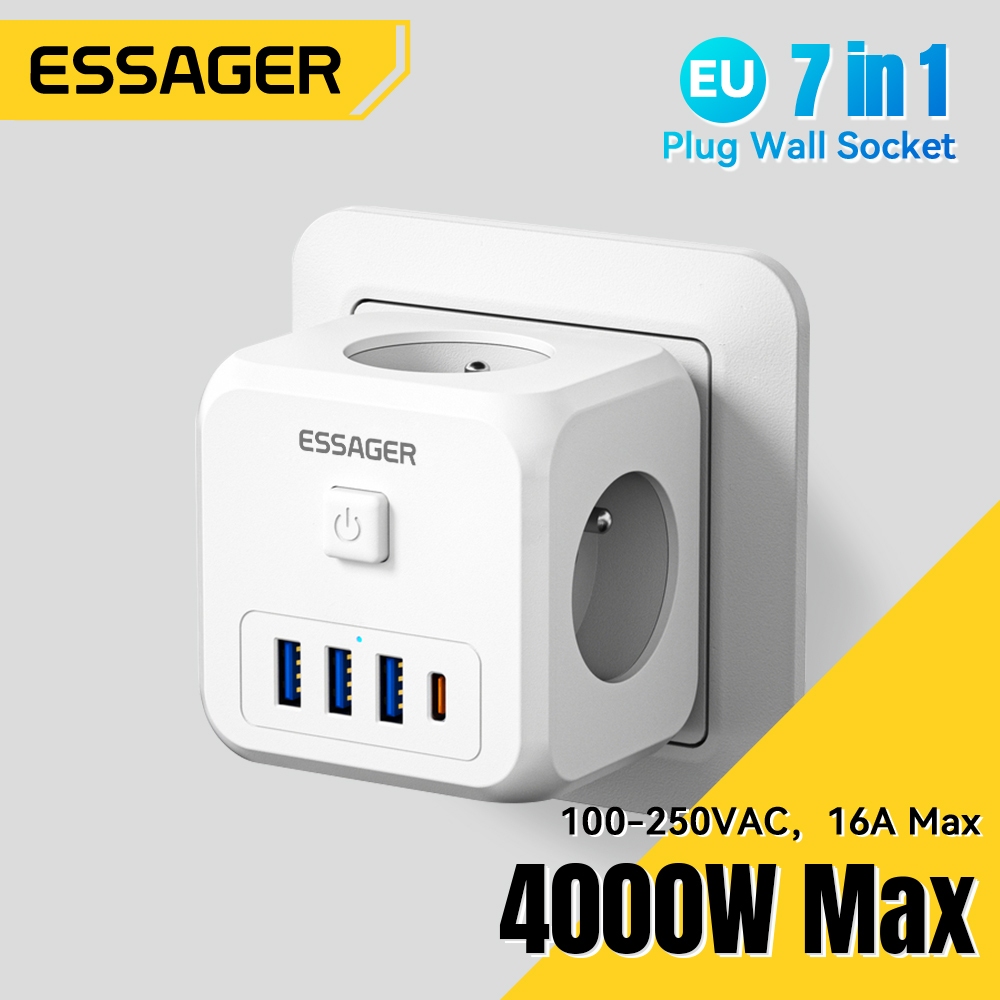 ESSAGER EU interface 7-in-1 Travel Adapter Charger 3 EU AC + 3 USB + 1 ...