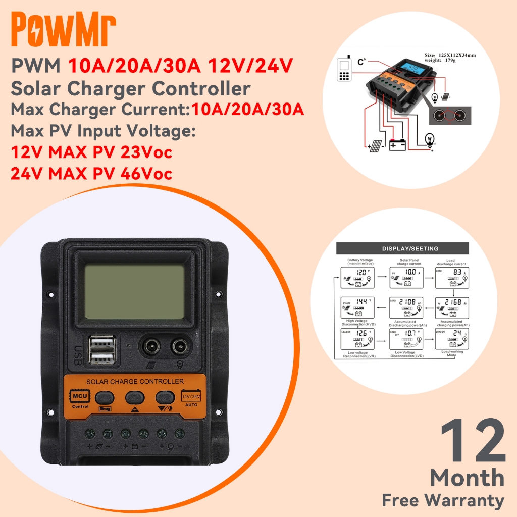 PowMr PWM 30A 20A 10A Solar Charge Controller Dual USB 5V LCD Display Solar Panel 12/24V Auto ...