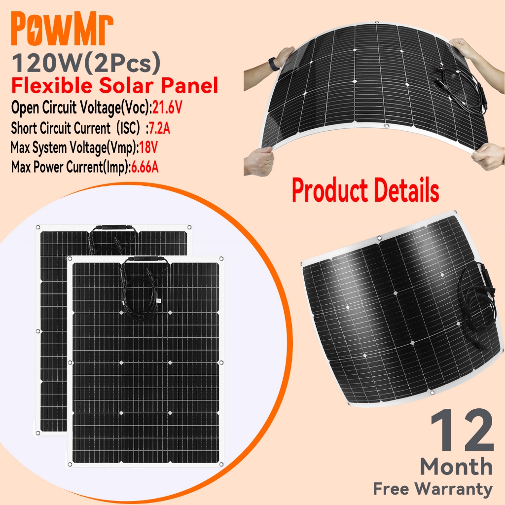 【2PCS Flexible Solar Panel】PowMr 120W Monocrystalline Silicon Flexible ...