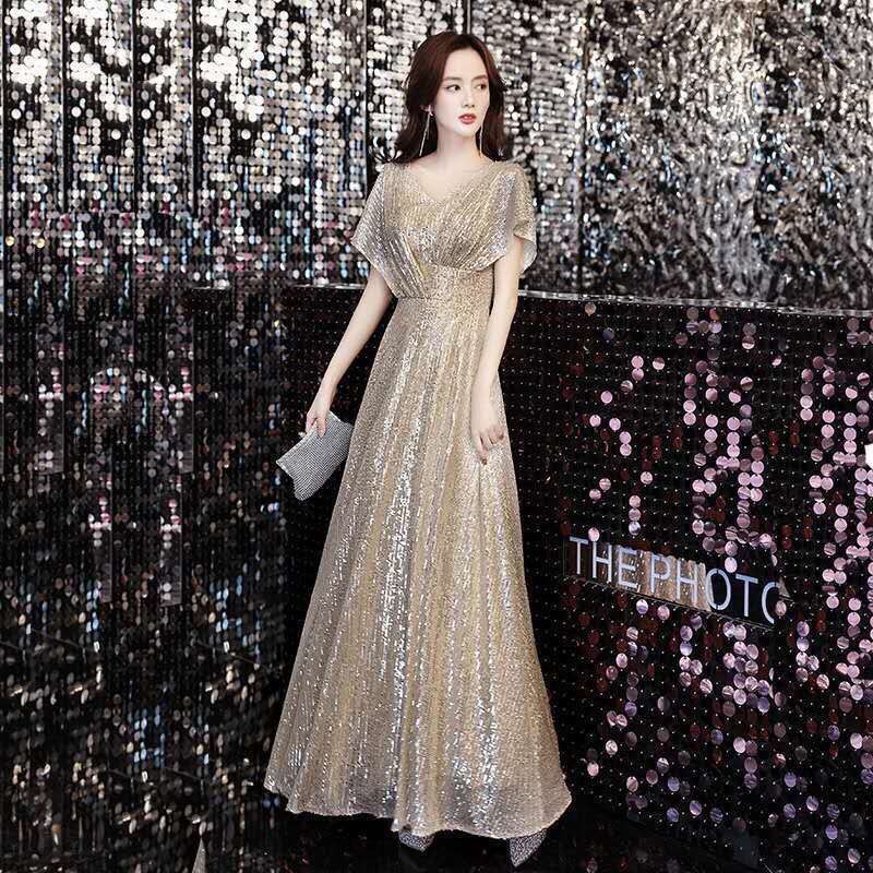 Women Sequin Light Gold Evening Gwon Long Light Blonde Temperament ...