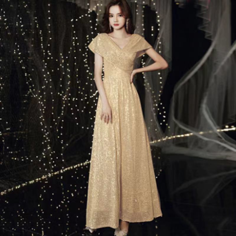 Women Sequin Golden Evening Gwon Long Temperament Elegant Wedding Gown ...