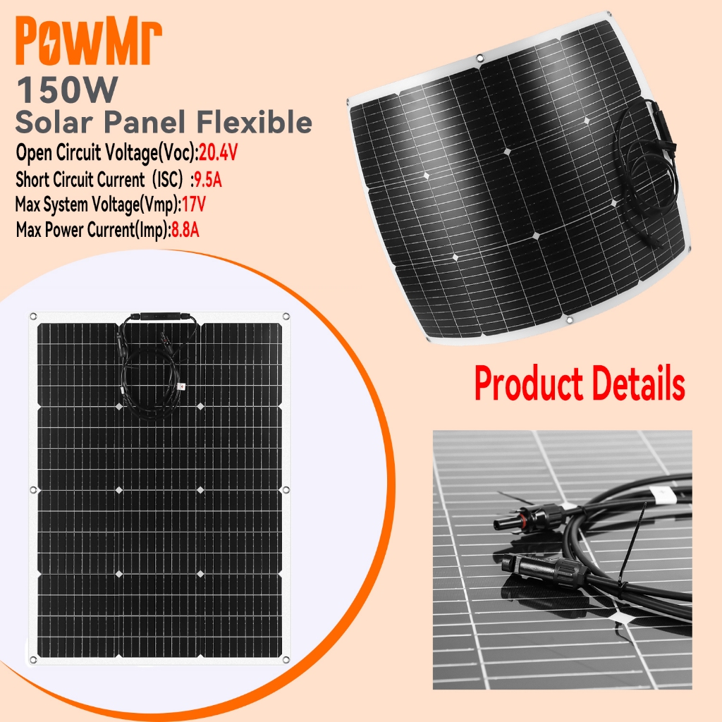 【Official Store】PowMr 150W Monocrystalline Silicon Flexible Solar Panel ...