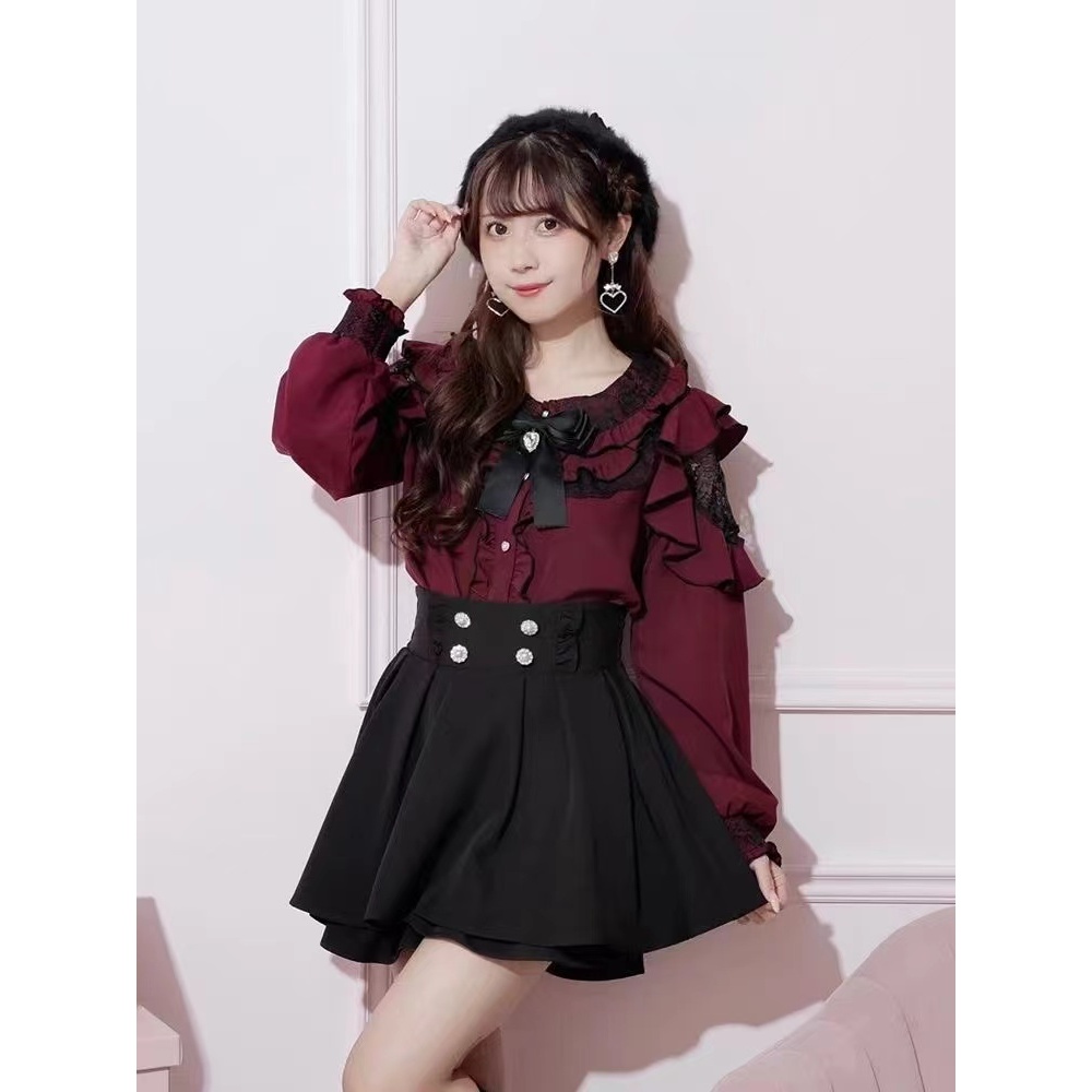 Japanese Top Wine Red Pink Lace Ruffle Edge Off Shoulder Sweet Long ...