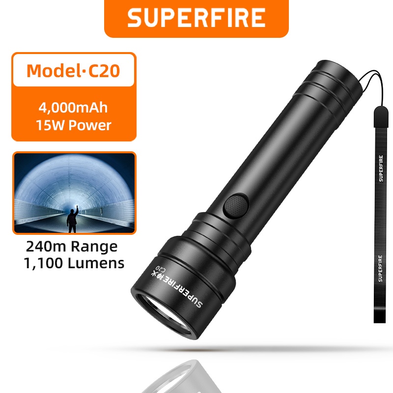 SUPERFIRE C20 Flashlight High Power Rechargeable Flashlights Super Bright LED Powerful Torch ...