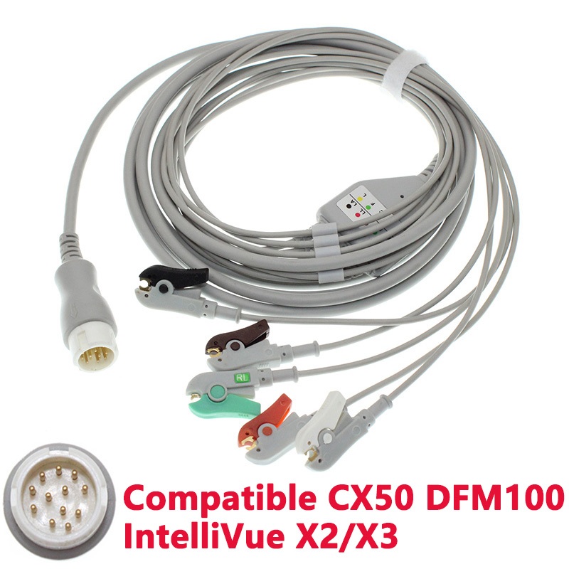 12pins ECG EKG 3/5 Lead One-Piece Cable and Electrode Leadwire Snap ...