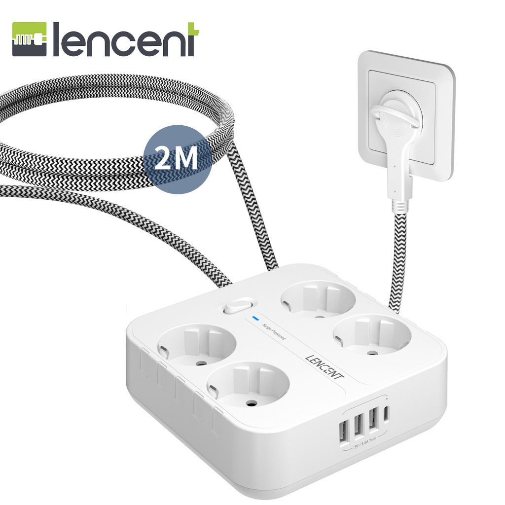 LENCENT 4-way Flat Plug Power Strip, 2M Braided Cord USB Power Strip ...