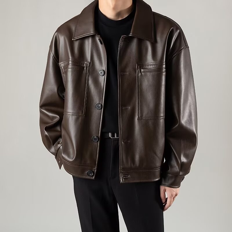Lapel Leather Jacket Men Lapel Autumn Loose PU Leather Jacket Light ...