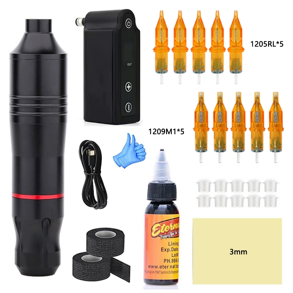 Black Red Tattoo Pen Wireless Power Motor Machine Set with Basic Tattoo ...