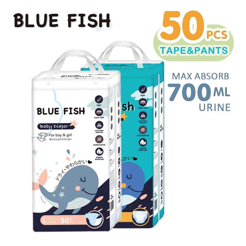 Blue fish Baby Pull Up Pants Baby Disposable Diapers 50Pcs Tape Diaper ...