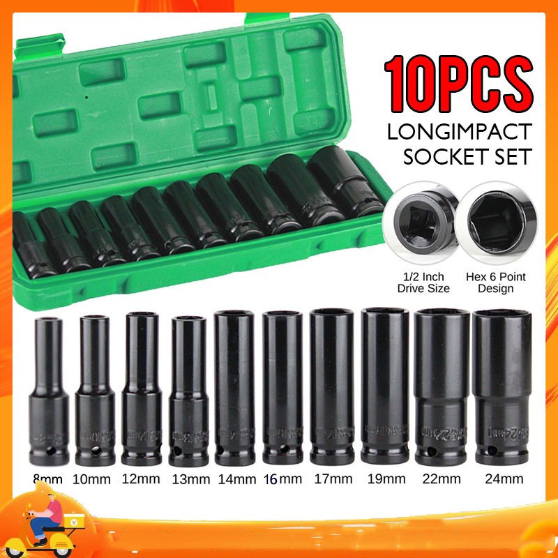 10PCS(8mm - 24mm) /14PCS(3/16inch-12mm) Long Impact Socket Set Black ...