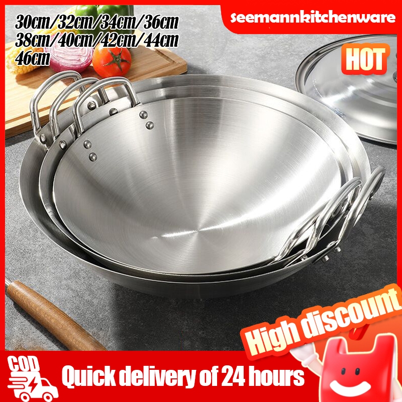 【with lid】Pan Stainless Steel Large Wok Non-stick Raging Fire Stove ...