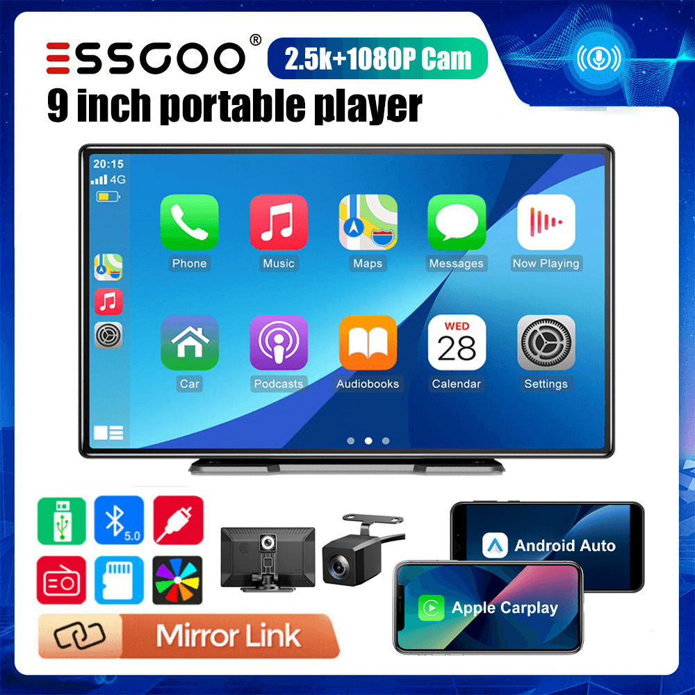 ESSGOO 9" Portable Wireless Carplay Radio Car Multimedia Player FHD IPS Monitor Touch Screen ...