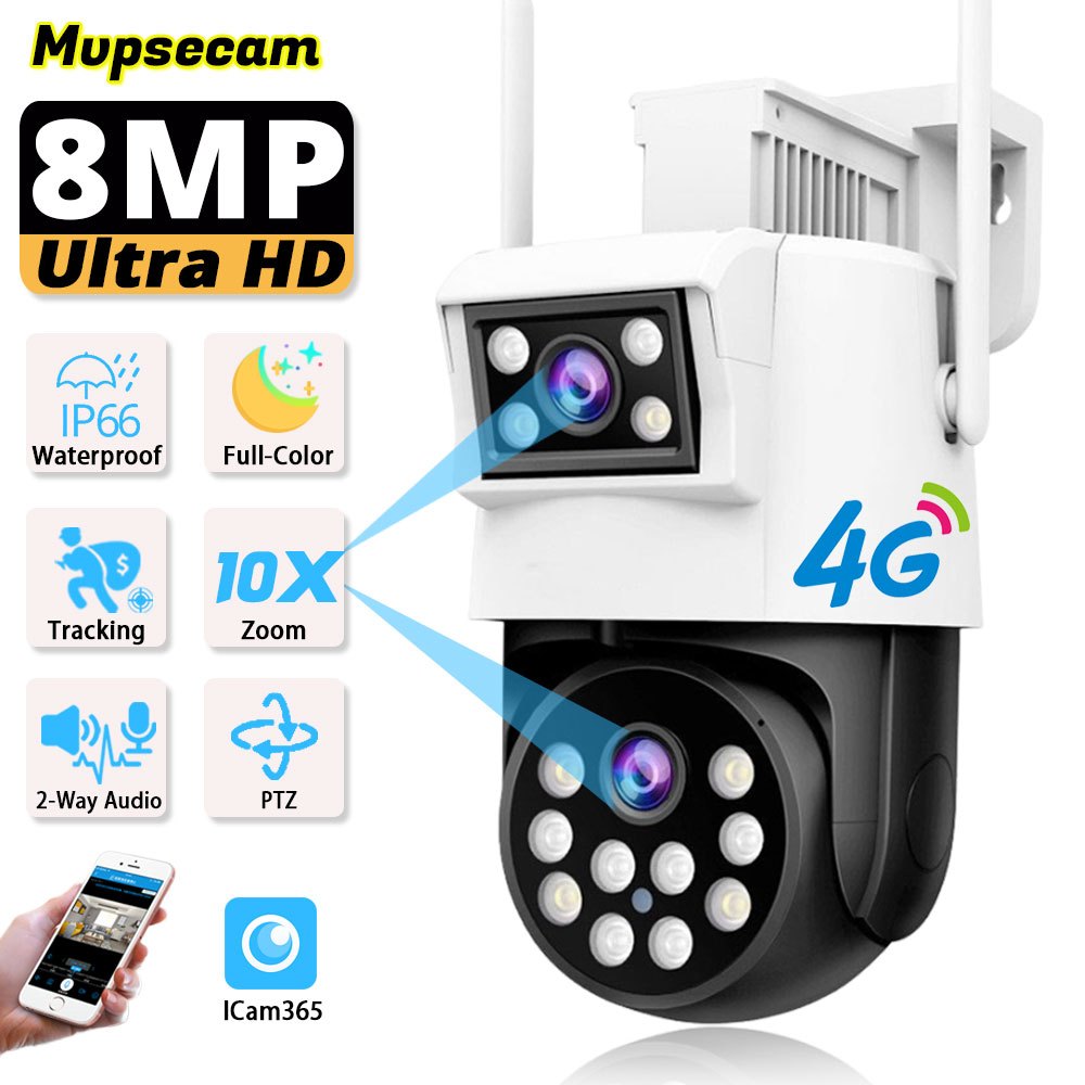 Wireless CCTV Outdoor with 4G SIM Card 8MP Dual Lens Two Screens Smart ...