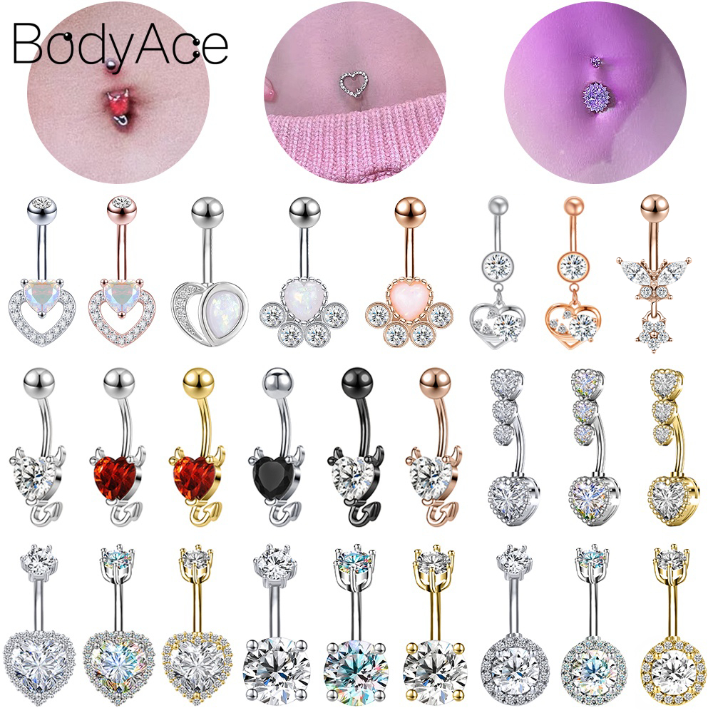 Bodyace 1 PC Heart Navel Ring Stainless Steel Devil Shape Red Crystal Belly Button Piercings ...