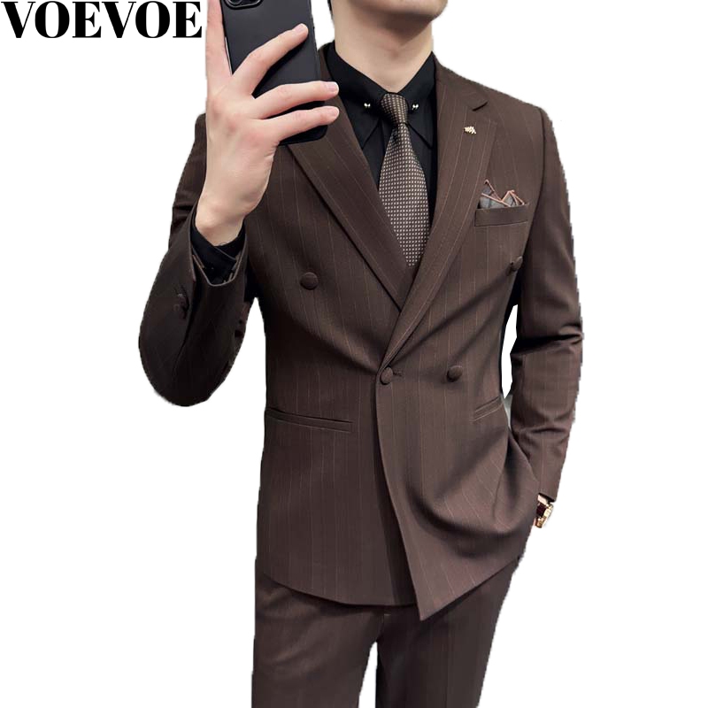 VOEVOE[S-7XL] Plus Size Men's Striped Suits Slim Fit 3 Piece Blazer ...