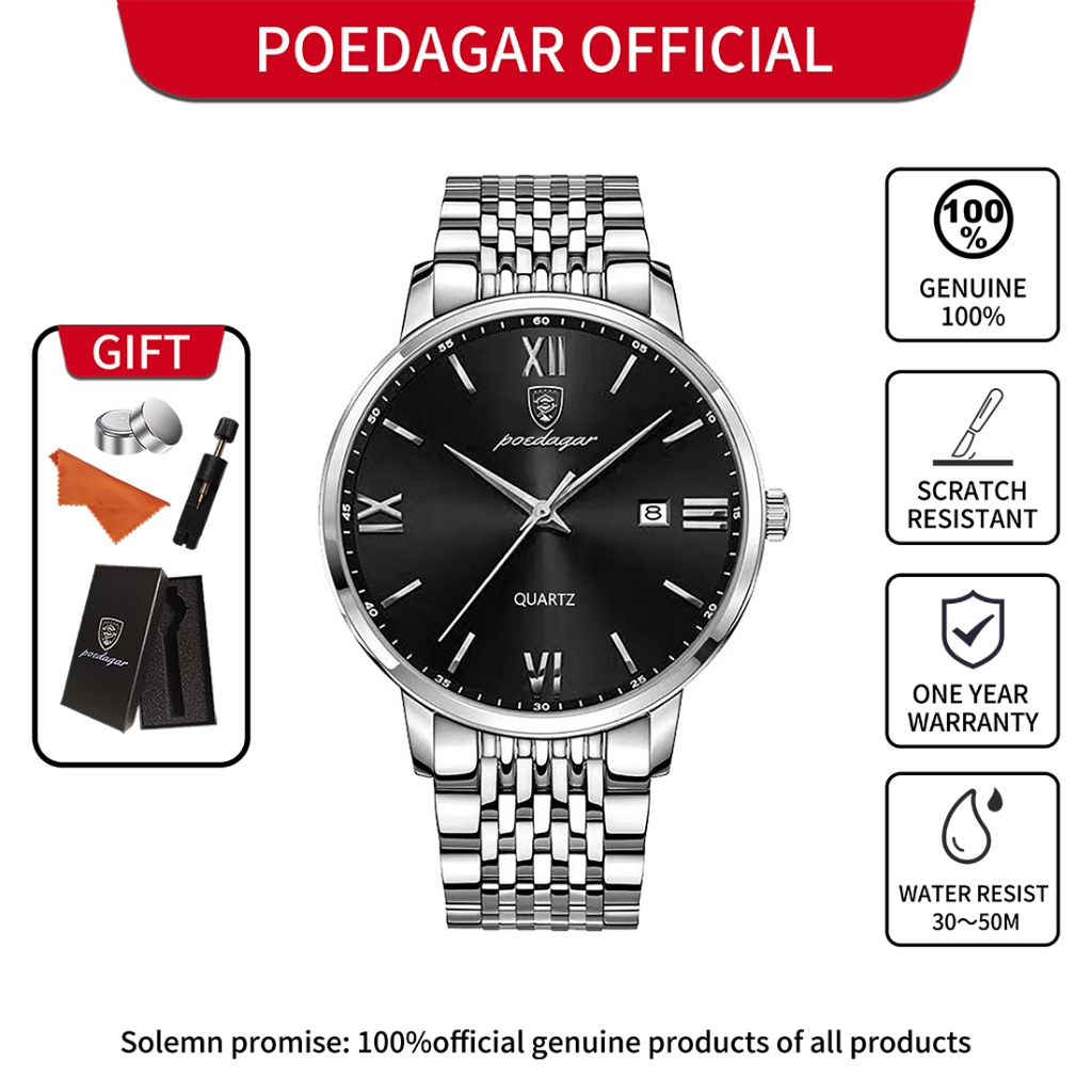 POEDAGAR Watch For Men Waterproof Original Stainless Steel Strap Silver ...