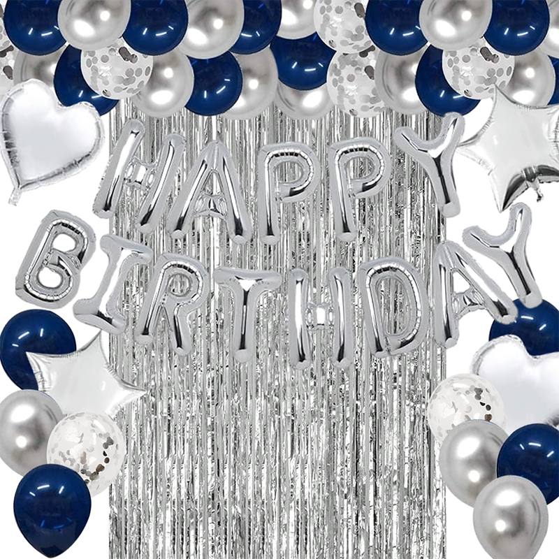 29pcs Blue Silver Happy Birthday Balloon Set Star Heart Foil Confetti Balloons With Foil Curtain ...