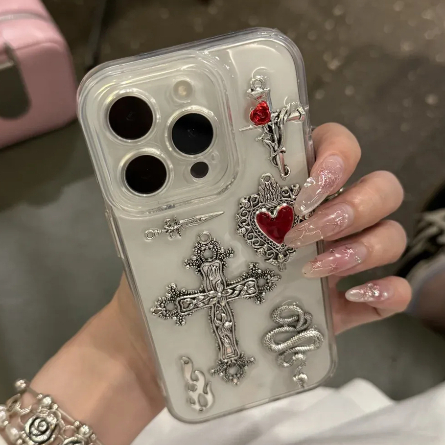 Y2K Gothic Cross Love Heart Clear Epoxy Phone Case Compatible For ...