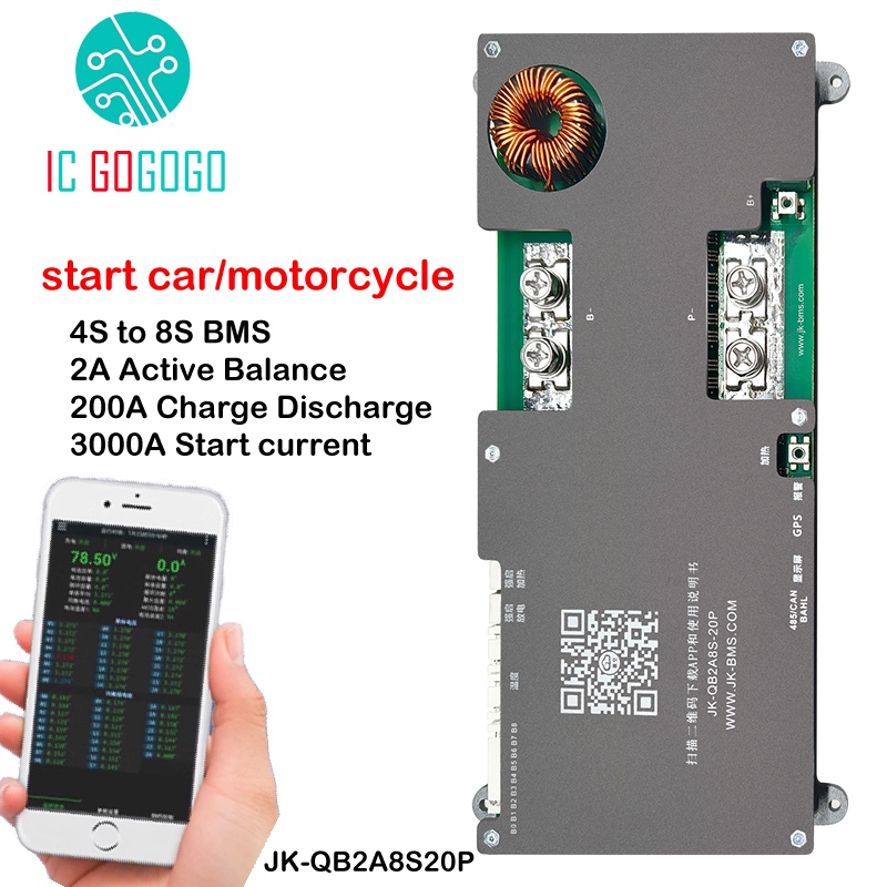 Jikong Start Car 4S to 8S 2A Active Balance BMS 3000A Engine Motorcycle 200A Charge Discharge ...