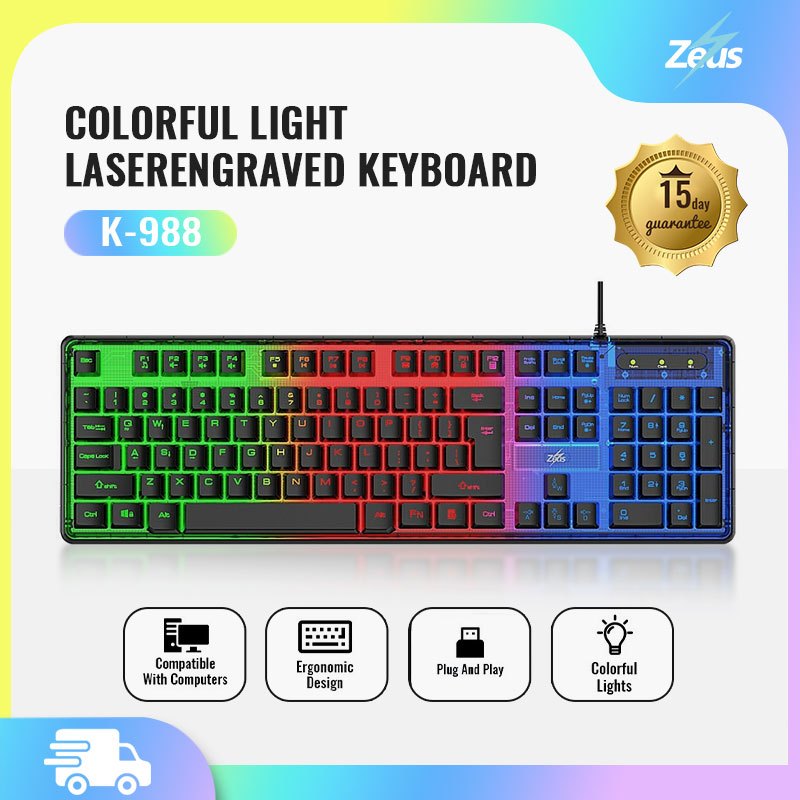Zeus K-988 Transparent Cover Rainbow Backlit Gaming Keyboard with ...