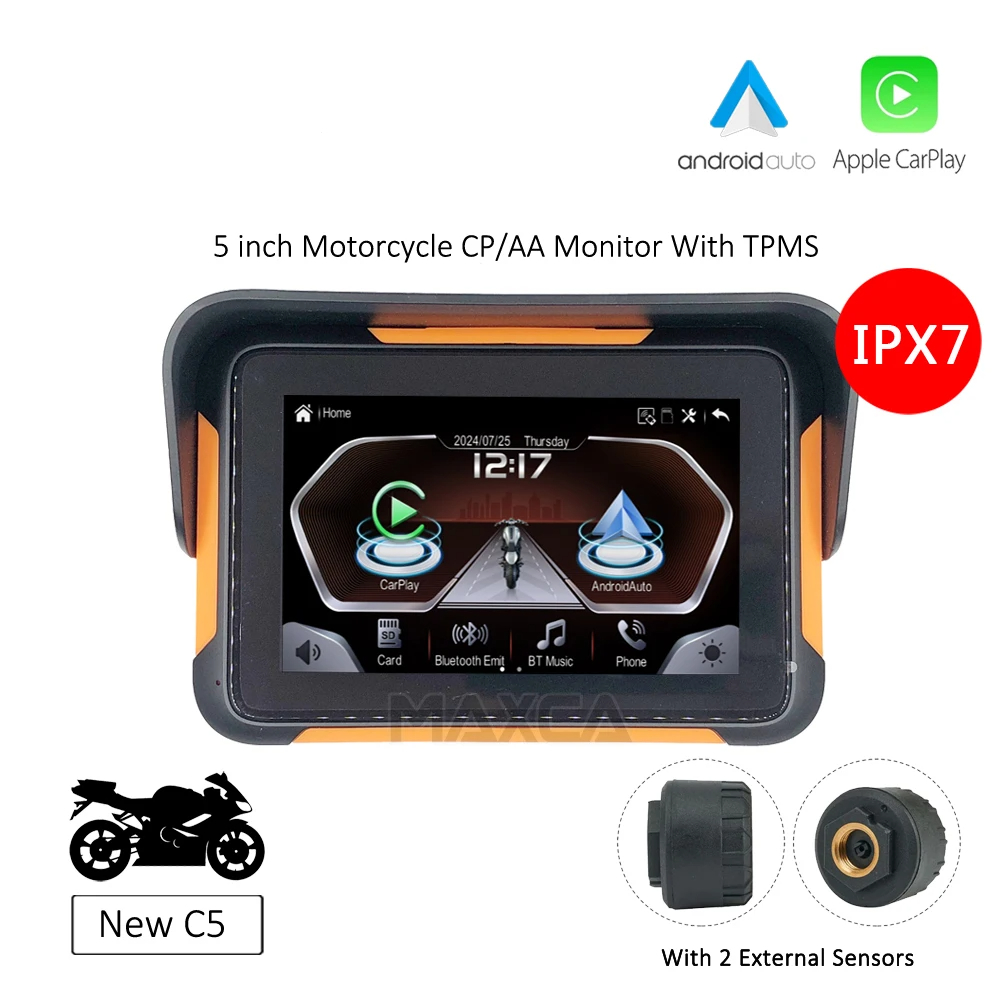 New C5 Motorcycle TPMS Monitor with Wireless CarPlay Android Auto ...