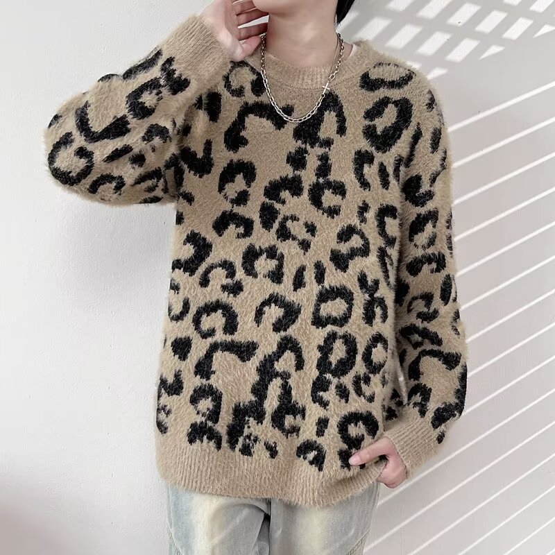 American Retro Leopard Print Design Round Neck Mohair Sweater Knitwear ...