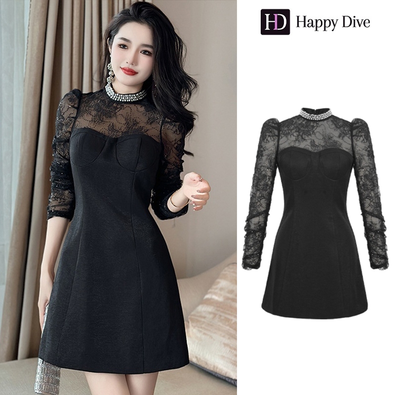 Happy Diva Women's Dresses Black Dresses A-Shape Dresses Long Sleeve Dresses Lace Dresses Hiso ...