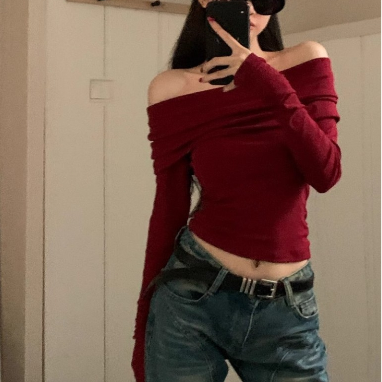 Ugmikdo Retro One Shoulder Long Sleeve Knitted Women's Short Red Top ...
