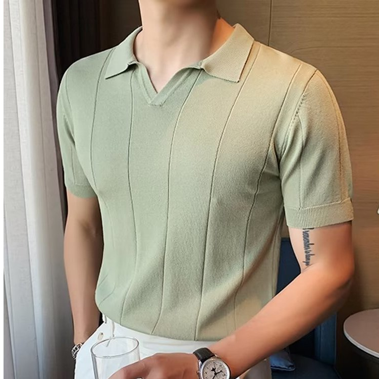 Korean style minimalist men's vertical striped texture polo shirt men's ...