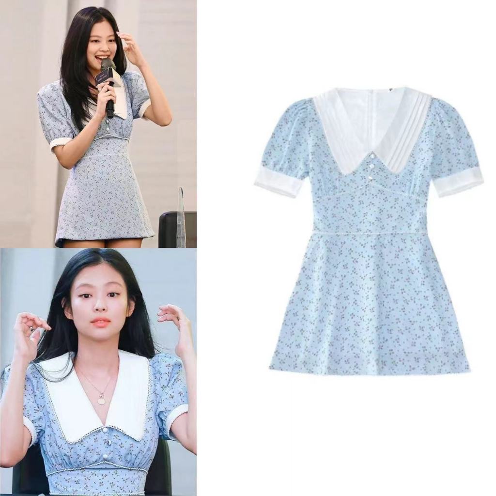 blackpink jennie French style blue slim fit floral short sleeve dress ...