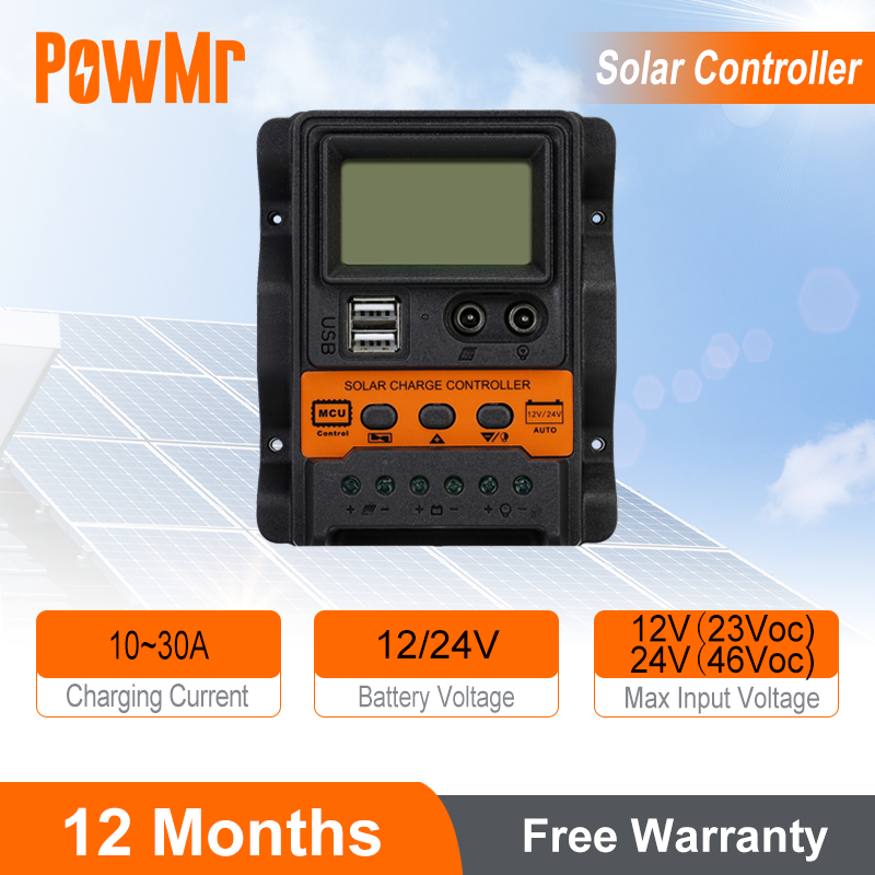 PowMr PWM 10A 20A 30A Solar Charge Controller Dual USB 5V LCD Display Solar Panel 12 24V Auto ...