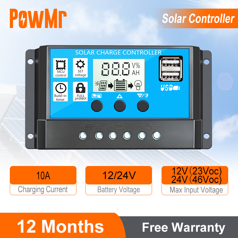 Powmr 10A PWM Solar Charge Controller 12V 24V Auto Solar Control LCD Dual USB Max PV Input 50Voc ...