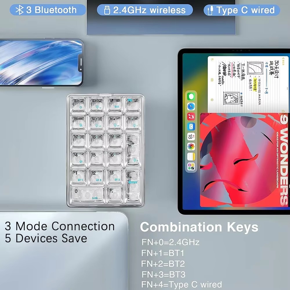 AULA F21 Wireless Numeric Keypad White Backlight Transparent Numeric ...