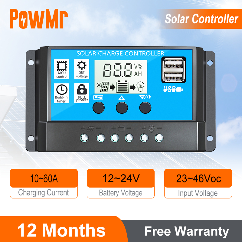 Powmr 10A 20A 30A 40A 50A 60A PWM Solar Charge Controller 12V 24V Auto Solar Control LCD Dual ...